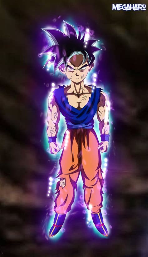 The Dragon Ball Character Is Standing In Front Of A Black Background With Purple Light Coming