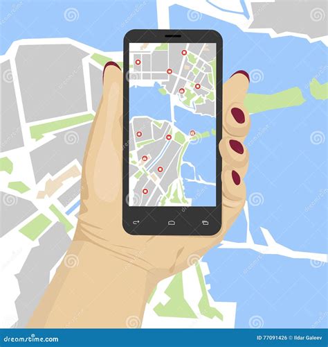 Female Hand Holding Smartphone With Mobile Gps Or Glonass Navigation Map Stock Vector