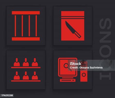 컴퓨터 화면 감옥 창 증거 가방 및 칼 및 배심원 아이콘에서 검색을 설정합니다 벡터 가방에 대한 스톡 벡터 아트 및 기타 이미지 가방 검색 검은색 Istock