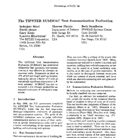 The Tipster Summac Text Summarization Evaluation Acl Anthology