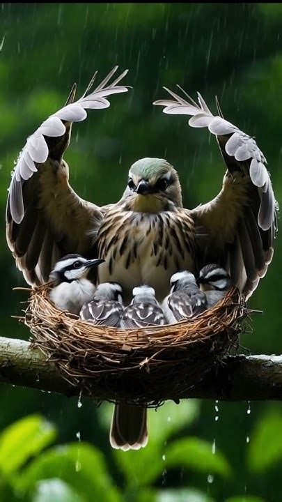 Brave Mother Bird Protects Her Chicks Under Her Wings From The Rain