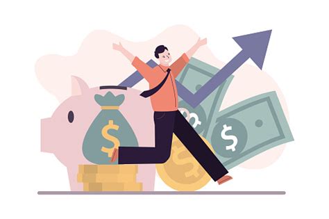 사업가는 투자 성공을 기뻐합니다 남성 캐릭터는 돈을 절약하거나 투자합니다 돼지 저금통 배경에 현금 가계에 대한 스톡 벡터 아트 및 기타 이미지 Istock