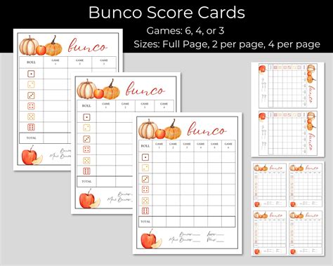 Fall Bunco Printable Bundle Score Cards Tally Sheets Table Cards Prizes