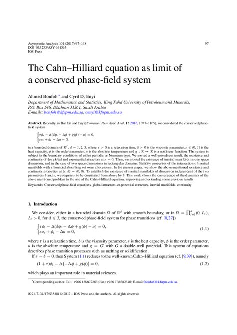 Pdf The Cahnhilliard Equation As Limit Of A Conserved Phase Field System