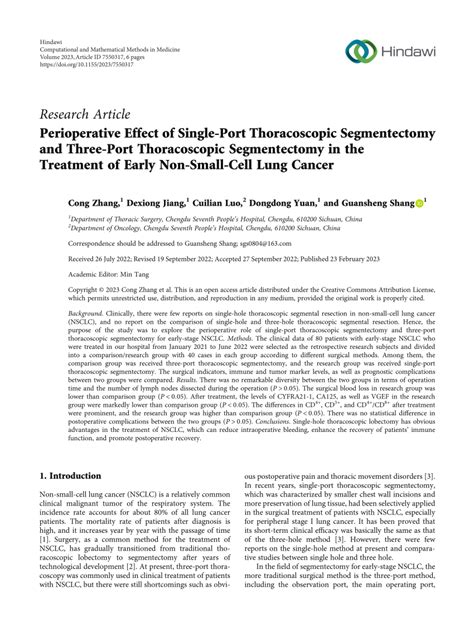 Pdf Perioperative Effect Of Single Port Thoracoscopic Segmentectomy And Three Port