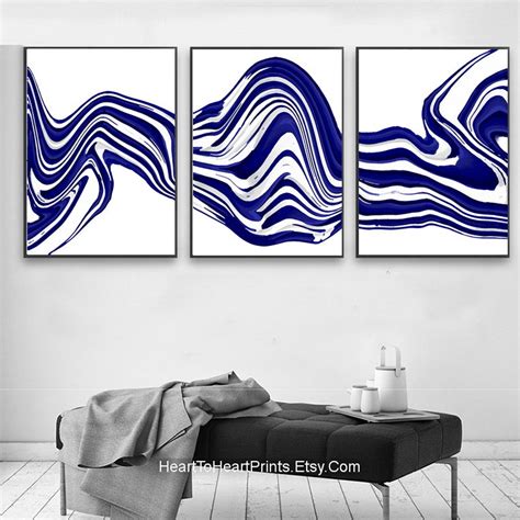 Navy Blue Abstract Painting Printable Wall Art Set Of Etsy