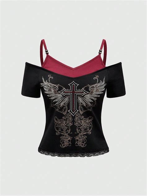 Romwe Goth T Shirt Décontracté Pour Femme à Dentelle Pour Porter Tous