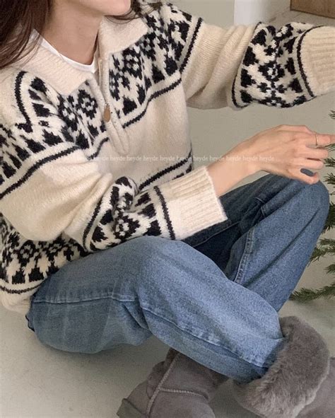 여자 아노락 자가드 반집업 니트 에이블리