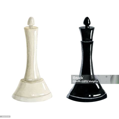 수채화 체스 여왕 흑백 조각 그림은 흰색 배경에 분리되어 있습니다 체스의 날과 클럽을 위한 사실적인 인형 개체 그룹에 대한 스톡