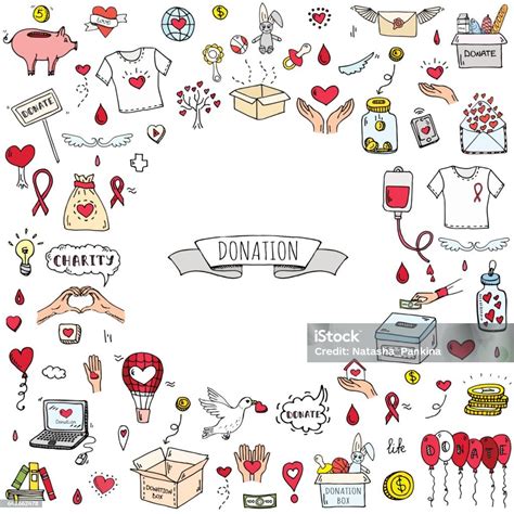 손으로 그린 낙서 기부 아이콘 세트입니다 벡터 일러스트입니다 만화 기부 하는 자선 기호 컬렉션 스케치 요소 혈액 기부 상자 마음