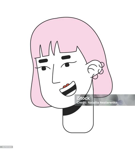 핑크 머리 한국 Kpop 소녀 2d 선형 만화 캐릭터 머리 귀 피어싱 아시아 여성 고립 된 선 벡터 사람 얼굴 흰색 배경 앞머리 색깔 편평한 반점 그림과 밥 이발 2차