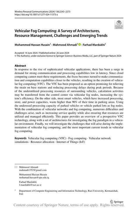 Vehicular Fog Computing A Survey Of Architectures Resource Management Challenges And Emerging