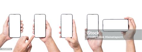 흰색 배경에 스마트폰의 빈 화면을 들고 있는 손의 격리 컬렉션이며 모형 광고 및 소셜 아이콘에 대한 클리핑 경로가 있습니다 손바닥에 대한 스톡 사진 및 기타 이미지 Istock