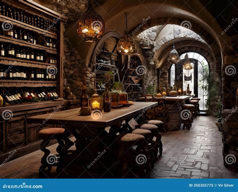 Rustic Wine Cellar With Long Wooden Table Stone Walls And Arched