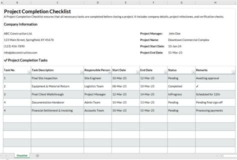 Project Completion Checklist Template For Excel Download