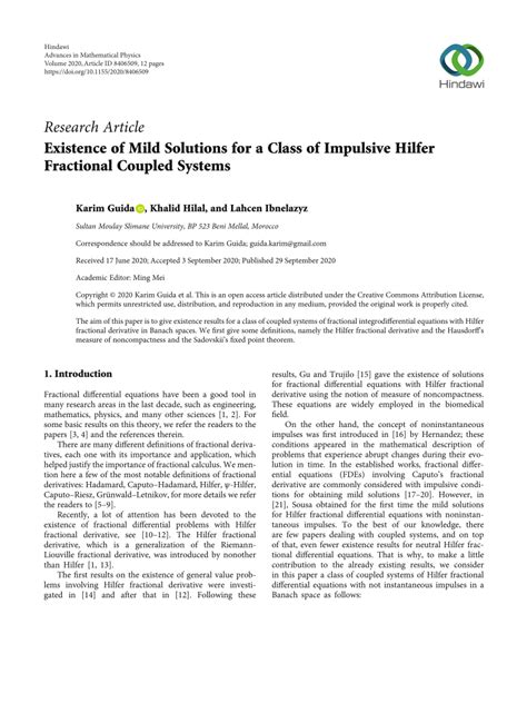 Pdf Existence Of Mild Solutions For A Class Of Impulsive Hilfer Fractional Coupled Systems