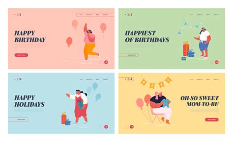 생일 축하 및 베이비 샤워 파티 축하 웹 사이트 방문 페이지 풍선 화환 포장 된 선물 웹 페이지 배너로 장식 된 방에있는 문자 만화 플랫 벡터 일러스트 가정의 방에 대한