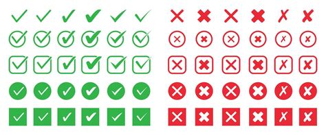 Set Of Check Mark Flat Icon Green Tick And Red Cross Symbol For