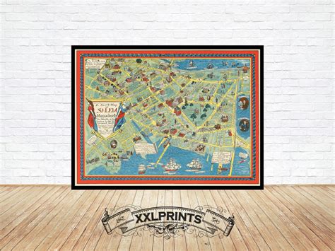 Old Pictorial Map Of Salem Massachusetts 1950 Fine Reproduction Large Map Fine Art Print