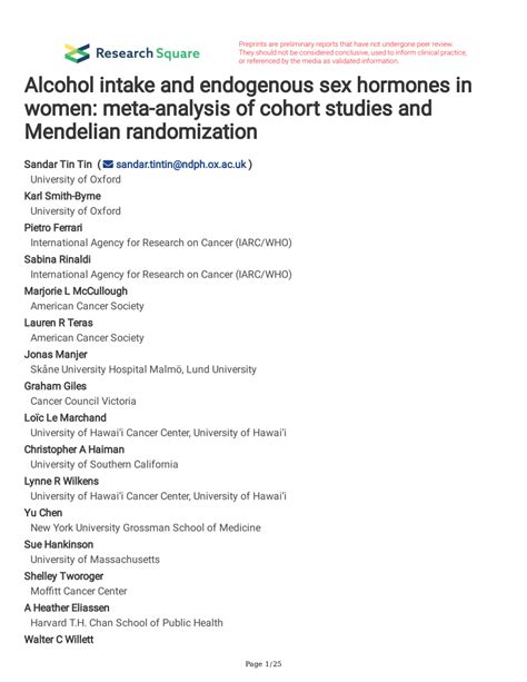 Pdf Alcohol Intake And Endogenous Sex Hormones In Women Meta