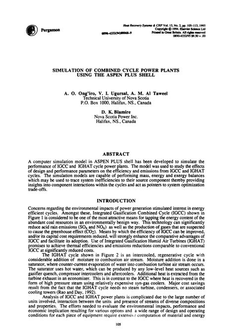 PDF Simulation Of Combined Cycle Power Plants Using The ASPEN PLUS Shell