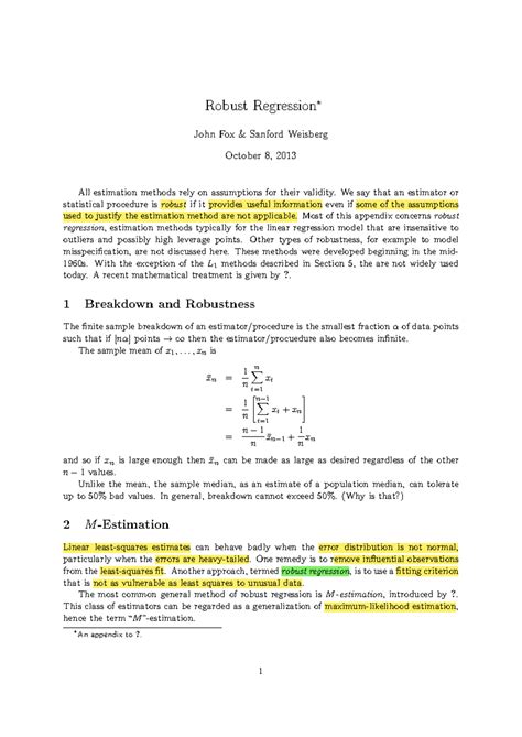 Lesson 9 Extra Notes Regression Robust Regression ∗ John Fox And Sanford Weisberg October 8