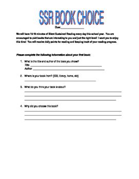 SSR Book Choice And Reading Log By Miss G TPT
