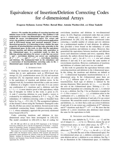pdf equivalence of insertion deletion correcting codes for d dimensional arrays