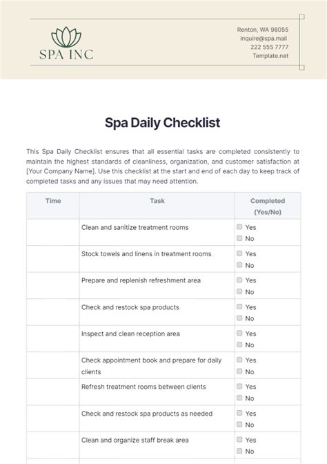 Free Spa Daily Checklist Template To Edit Online