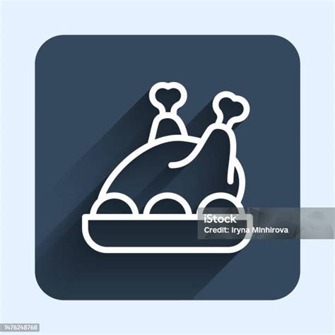 흰색 선 긴 그림자 배경으로 격리된 구운 칠면조 또는 치킨 아이콘 메리 크리스마스와 새해 복 많이 받으세요 파란색 사각형 버튼 벡터 가금류에 대한 스톡 벡터 아트 및 기타