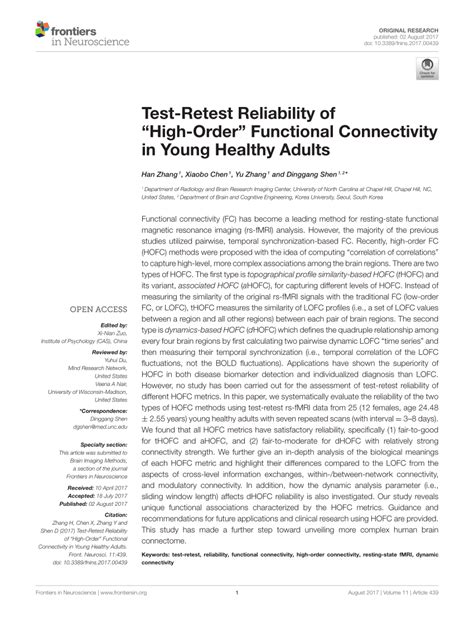 Pdf Test Retest Reliability Of “high Order” Functional Connectivity In Young Healthy Adults
