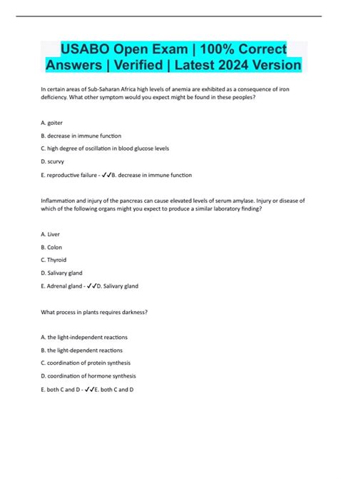 Usabo Open Exam 100 Correct Answers Verified Latest 2024 Version Usabo Stuvia Us
