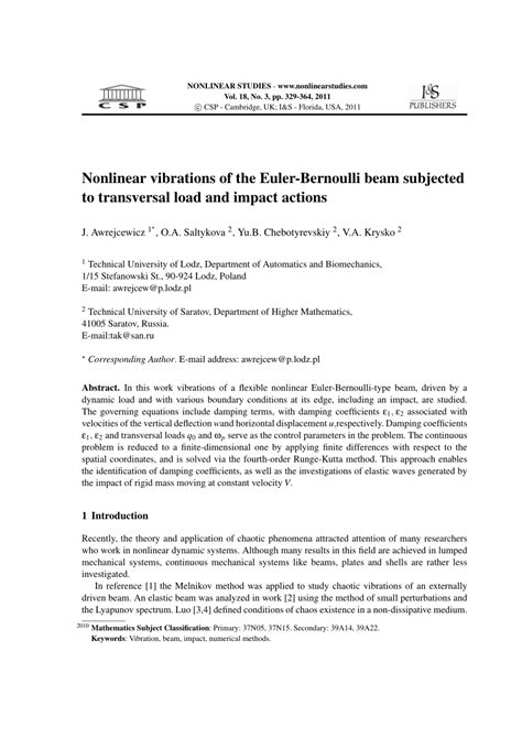 Pdf Nonlinear Vibrations Of The Euler Bernoulli Beam Subjected To Transversal Load And Impact