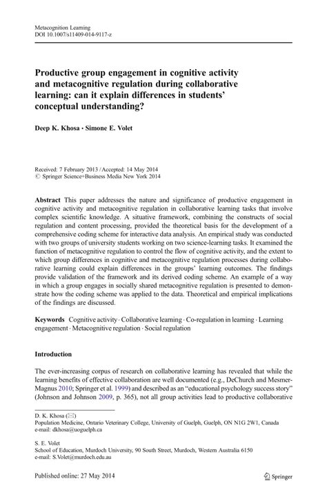 Pdf Productive Group Engagement In Cognitive Activity And Metacognitive Regulation During