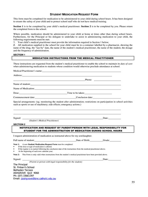 Fillable Online Stfinbarrsashgrove Qld Edu Student Medication Request