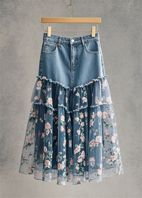 Chic Pink Flower Print Patchwork Tulle Denim Skirt Fall Fall Skirts
