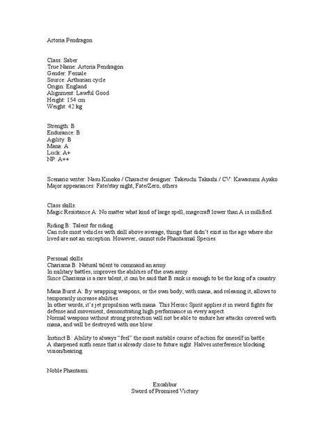 Artoria Pendragons Servant Profile Material Fgo I Pdf King Arthur Arthurian Legend