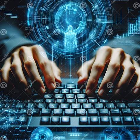 Close Up Of Hands Typing On A Keyboard With Futuristic Holographic Data