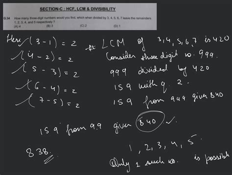 Section C Hcf Lcm And Divisibility Q 34 How Many Three Digit Numbers Wo