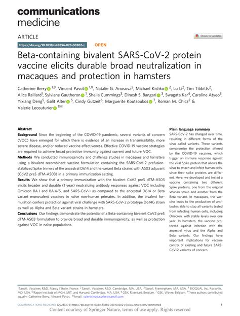 Pdf Beta Containing Bivalent Sars Cov 2 Protein Vaccine Elicits
