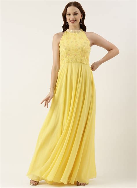 Buy Yellow Georgette Embroidered Gown Party Wear Online At Best Price