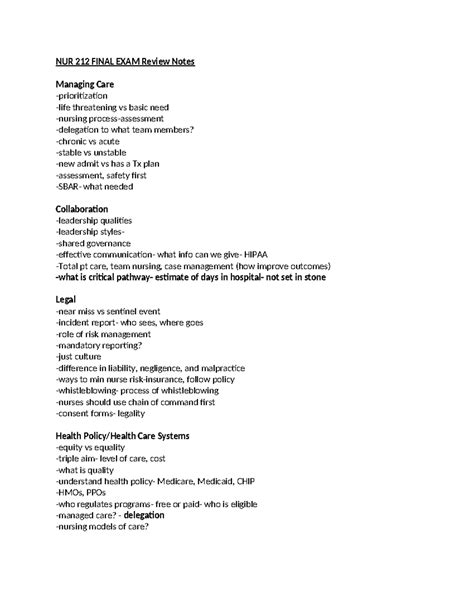 Nur 212 Final Exam Comprehensive Review Notes For Nursing Practice
