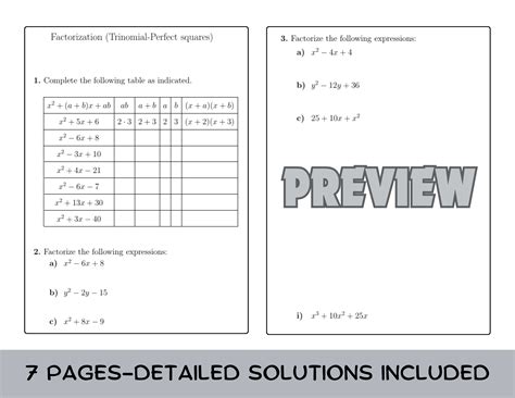 Factorization Trinomial Perfect Squares Worksheet No 2 With Solutions Teaching Resources