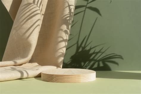 나무 원통형 연단 베이지 색 커튼과 야자수 잎의 그림자가있는 녹색 배경의 받침대 화장품 프리젠 테이션을위한 장면 빈 쇼케이스