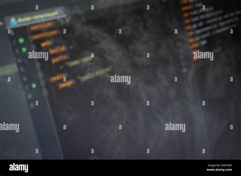 Docker Compose Hello World Code On Screen Blurry Background Image Stock