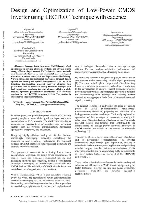 PDF Design And Optimization Of Low Power CMOS Inverter Using LECTOR Technique With Cadence
