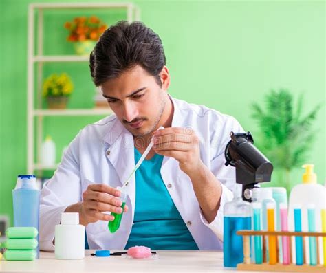 The Chemist Testing Soap In The Lab Stock Image Image Of Bottle