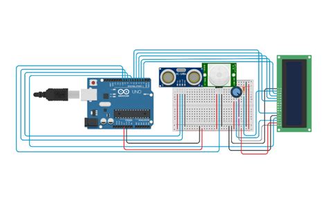 Circuit Design Rangkaian Sensor Pir Sensor Ultrasonik Lcd Tinkercad