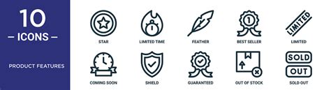 제품 기능 개요 아이콘 세트에는 얇은 선 별 깃털 제한 방패 품절 매진 보고서 프리젠 테이션 다이어그램 웹 디자인을위한 곧 출시 될 아이콘이 포함됩니다 0명에 대한 스톡