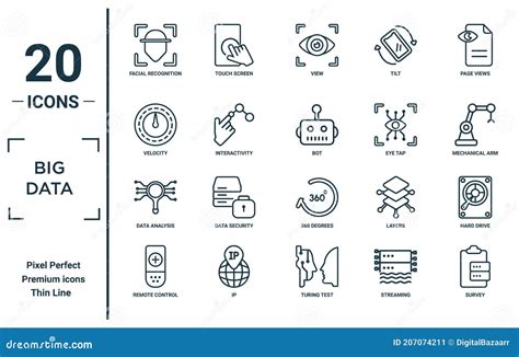 Big Data Linear Icon Set Includes Thin Line Facial Recognition Velocity Data Analysis Remote